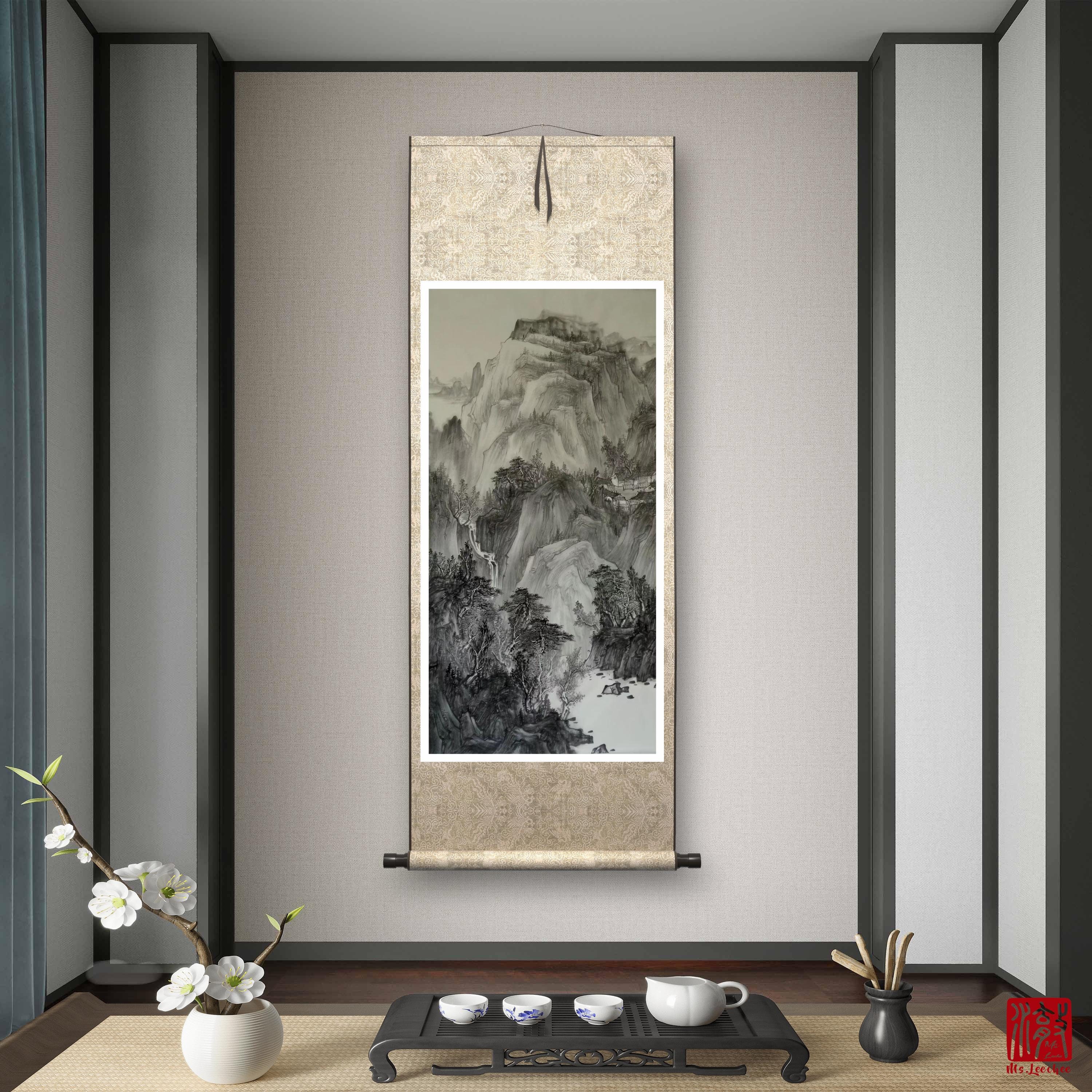 Secluded Tranquility Amidst the Mountains, Authentic Chinese Ink Wash ...