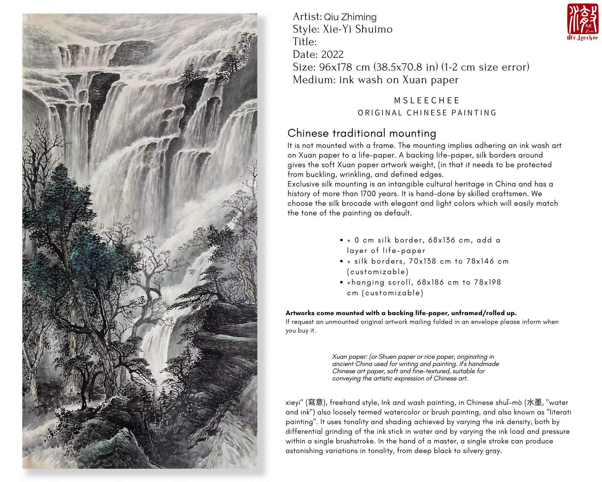 Vast High Waterfalls, Original Chinese Brush Painting, Hand-painted Ink ...