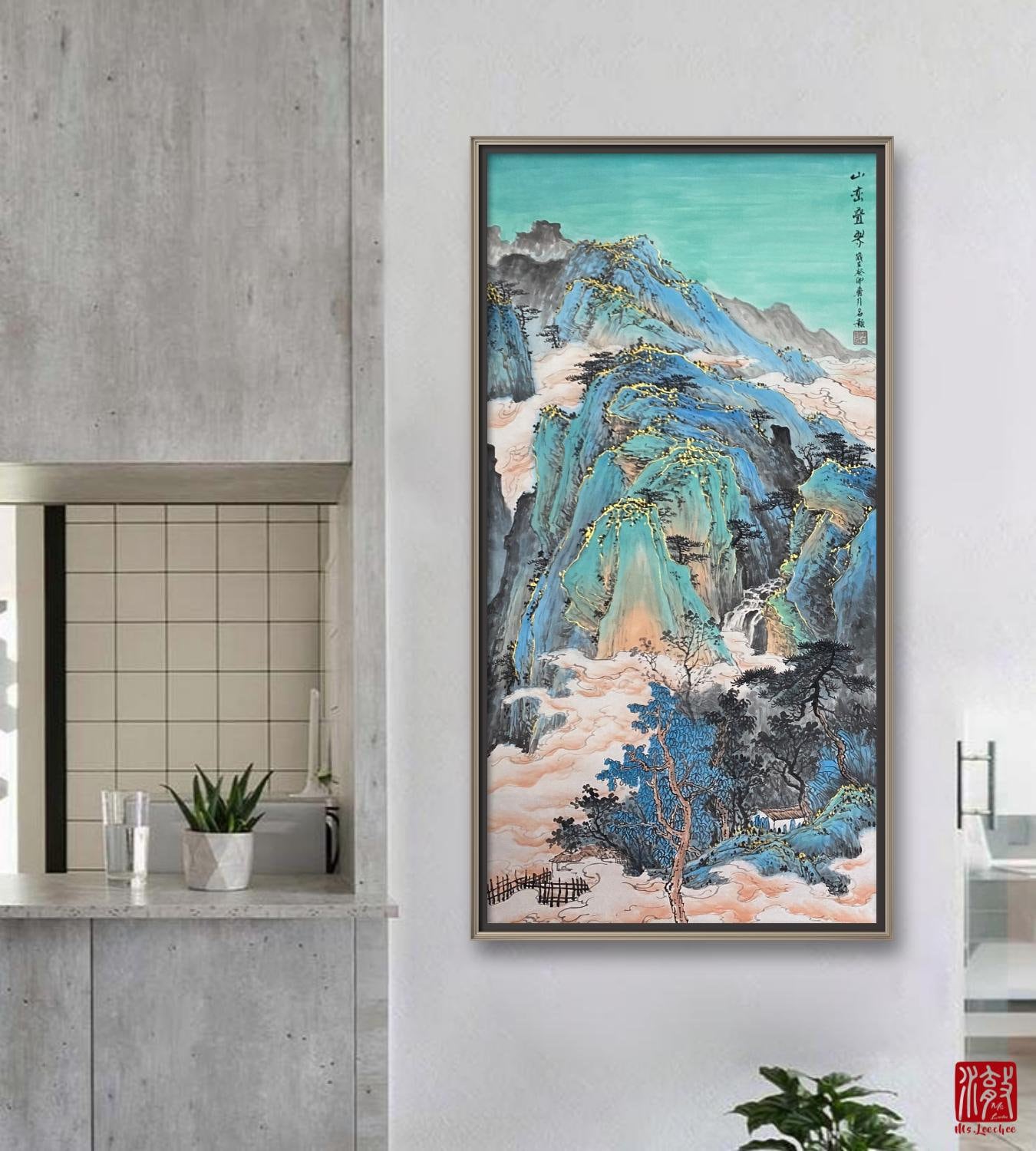 Blue Green Shan Shui Painting, With Golden Outline, Chinese Landscape ...