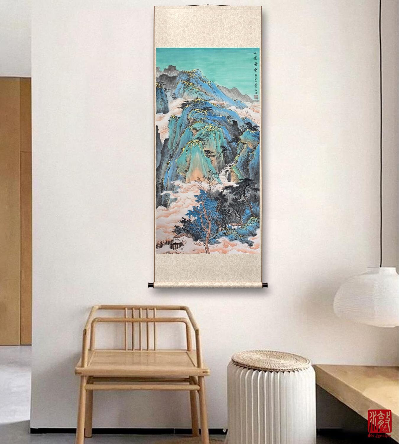 Blue Green Shan Shui Painting, With Golden Outline, Chinese Landscape ...