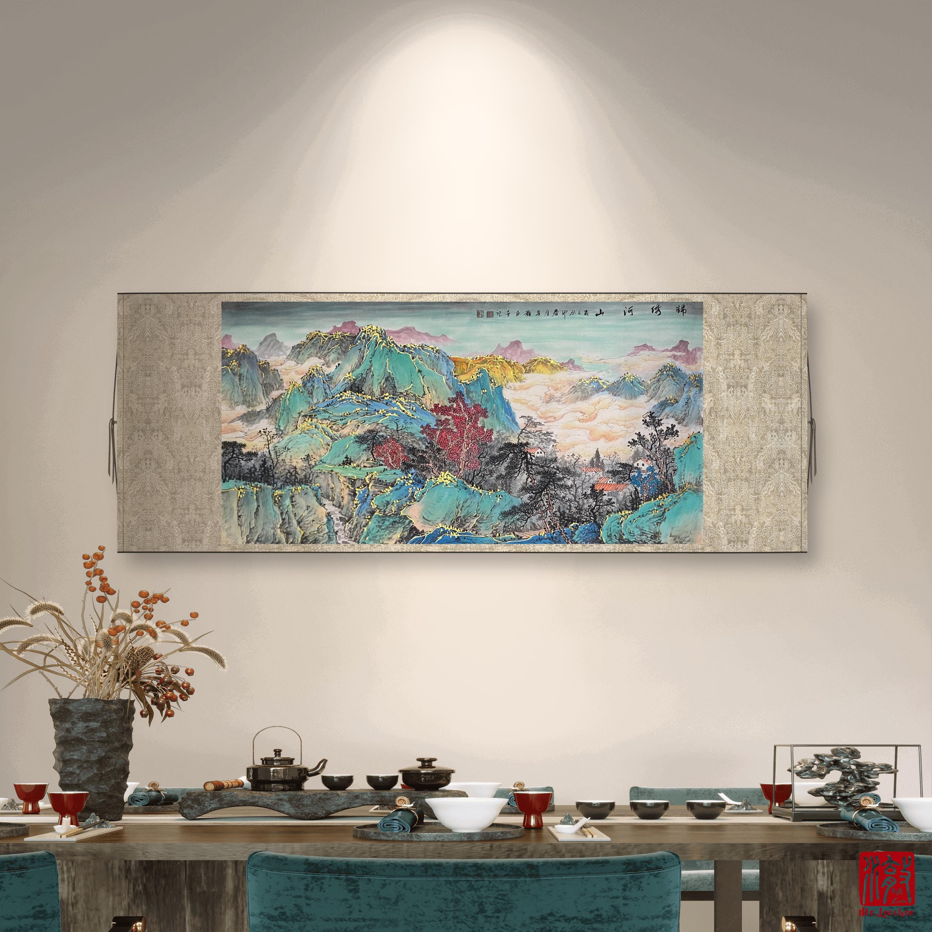 Blue-green Shan Shui Painting With Gold Outline, Original Chinese ...