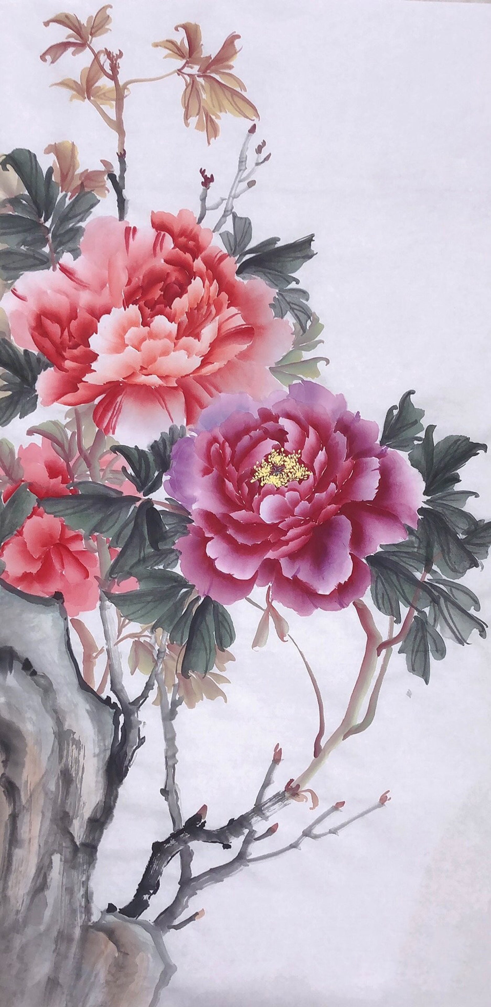 Chinese Peony Brush Painting, Color on Xuan Paper, Large Vertical ...