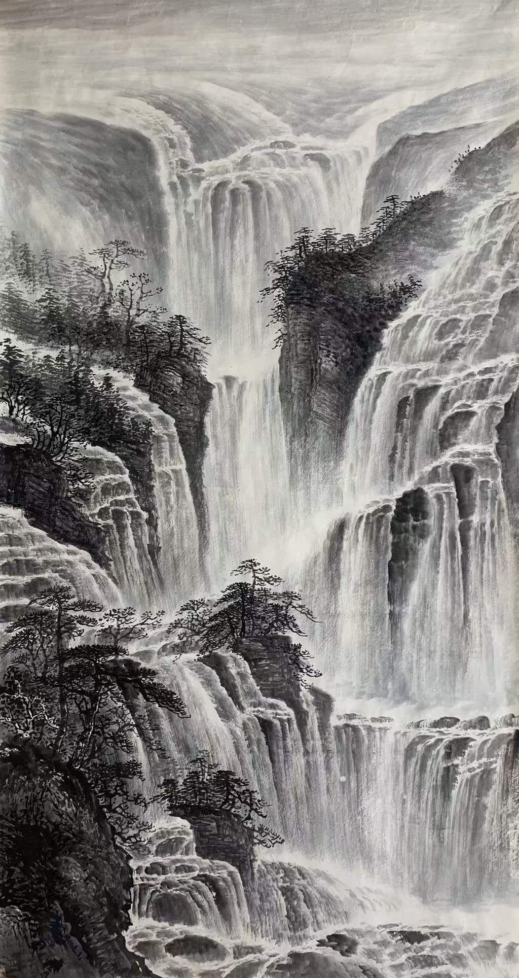 Vast High Waterfalls, Original Chinese Brush Painting, Hand-painted Ink ...