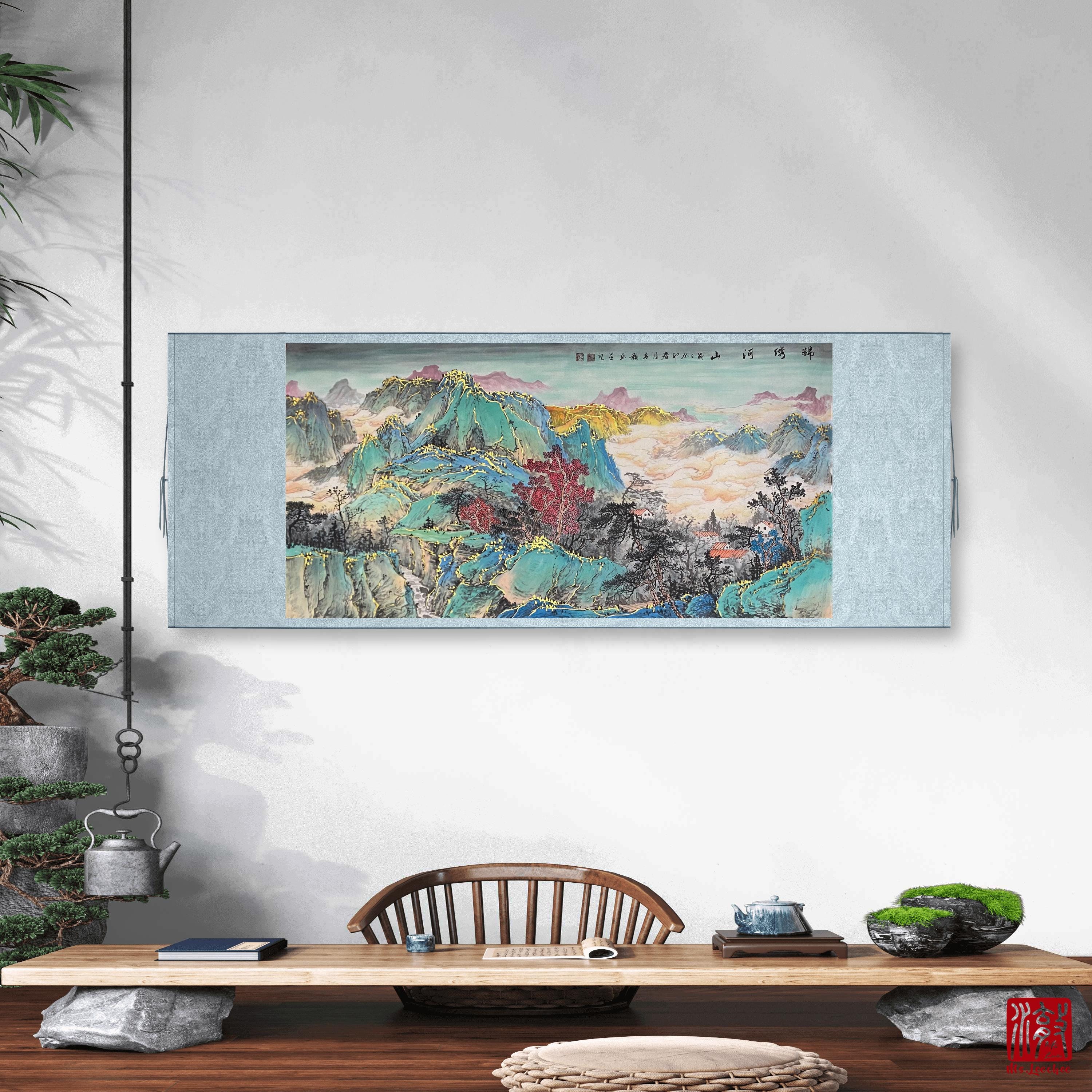 Blue-green Shan Shui Painting With Gold Outline, Original Chinese ...