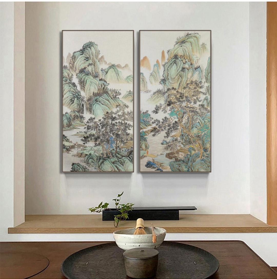 Exquisitely Complex Meticulous Mountains Landscape Painting, Large ...