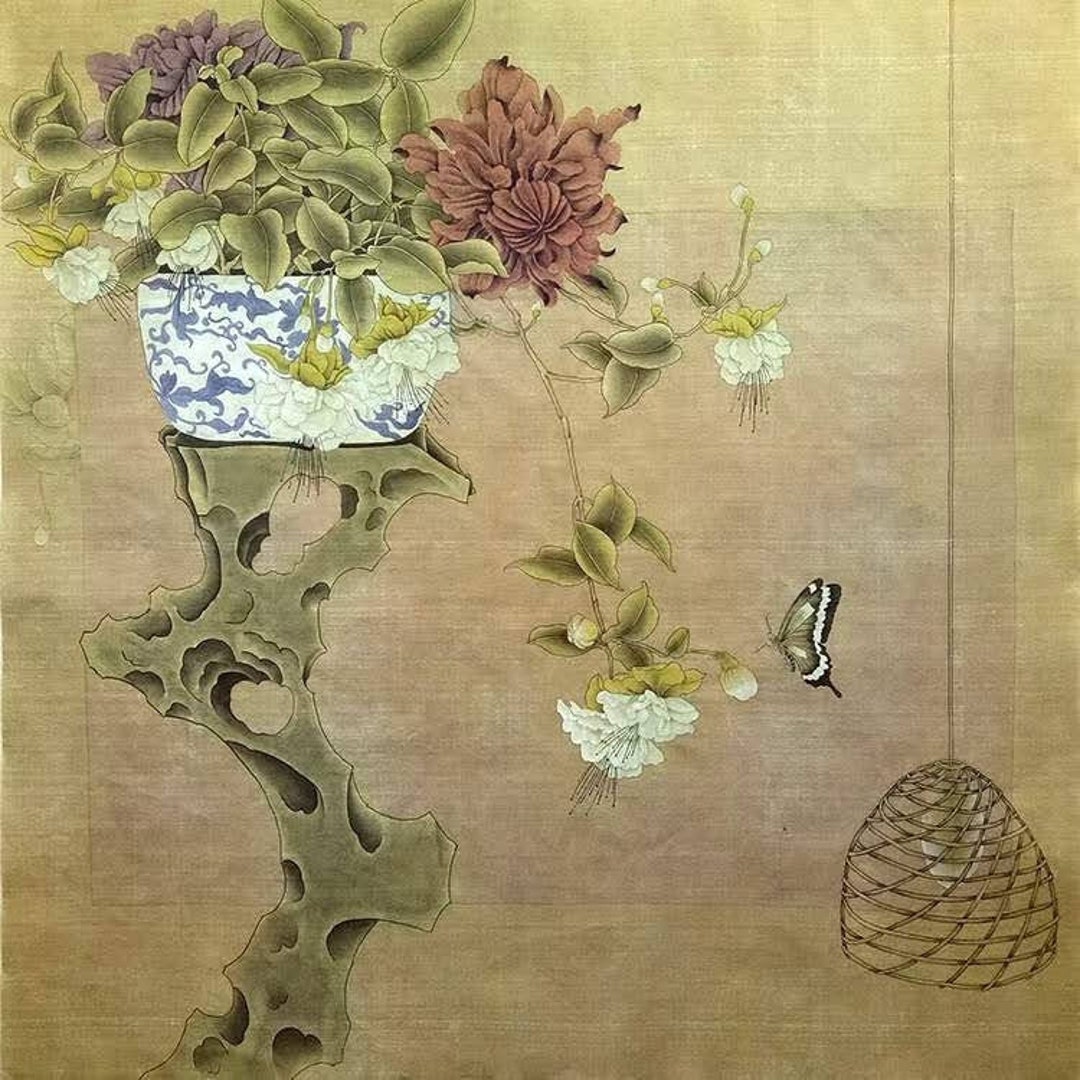 Butterfly and Hosta Flower, Vintage Color Meticulous Flower Painting ...