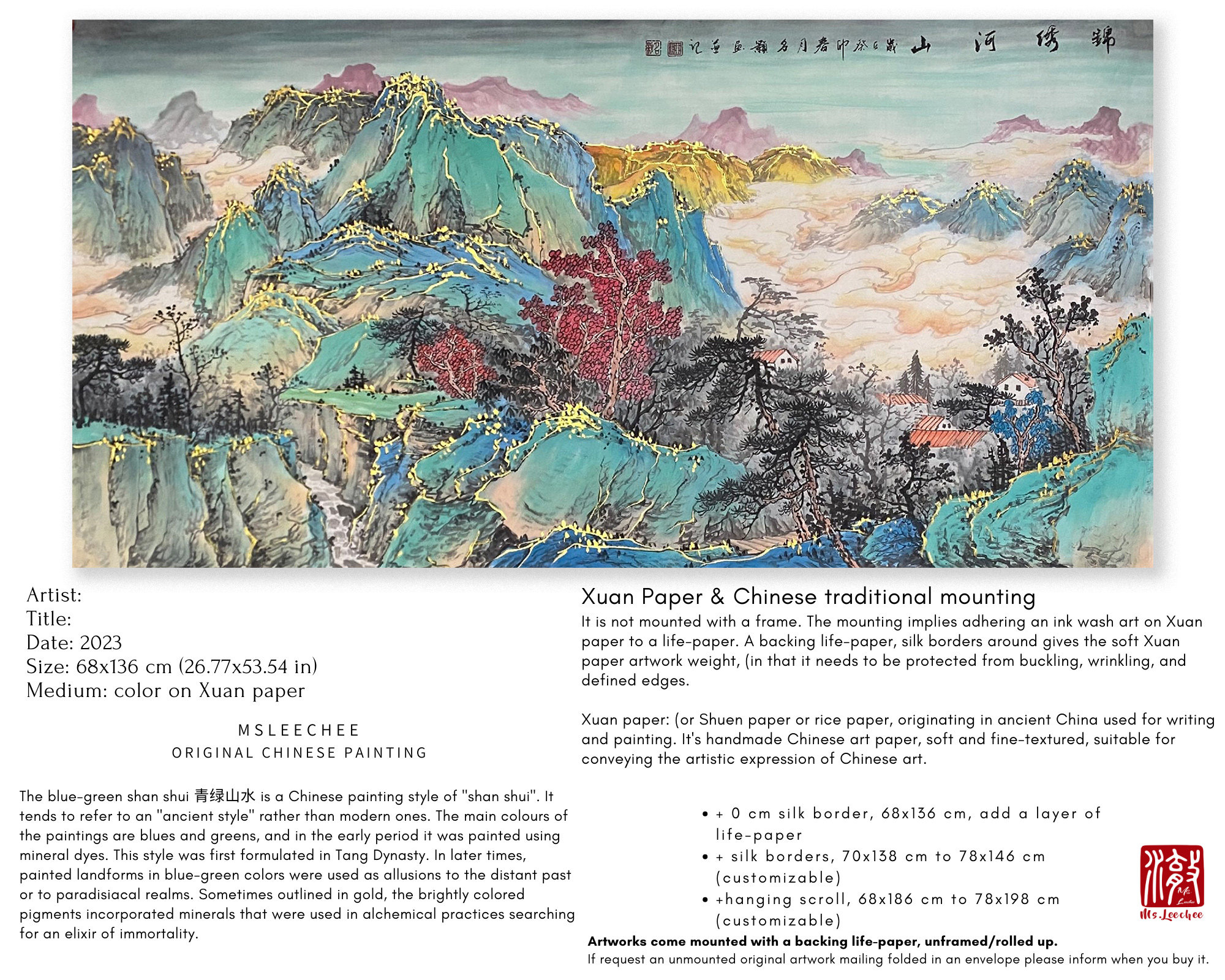 Blue-green Shan Shui Painting With Gold Outline, Original Chinese ...