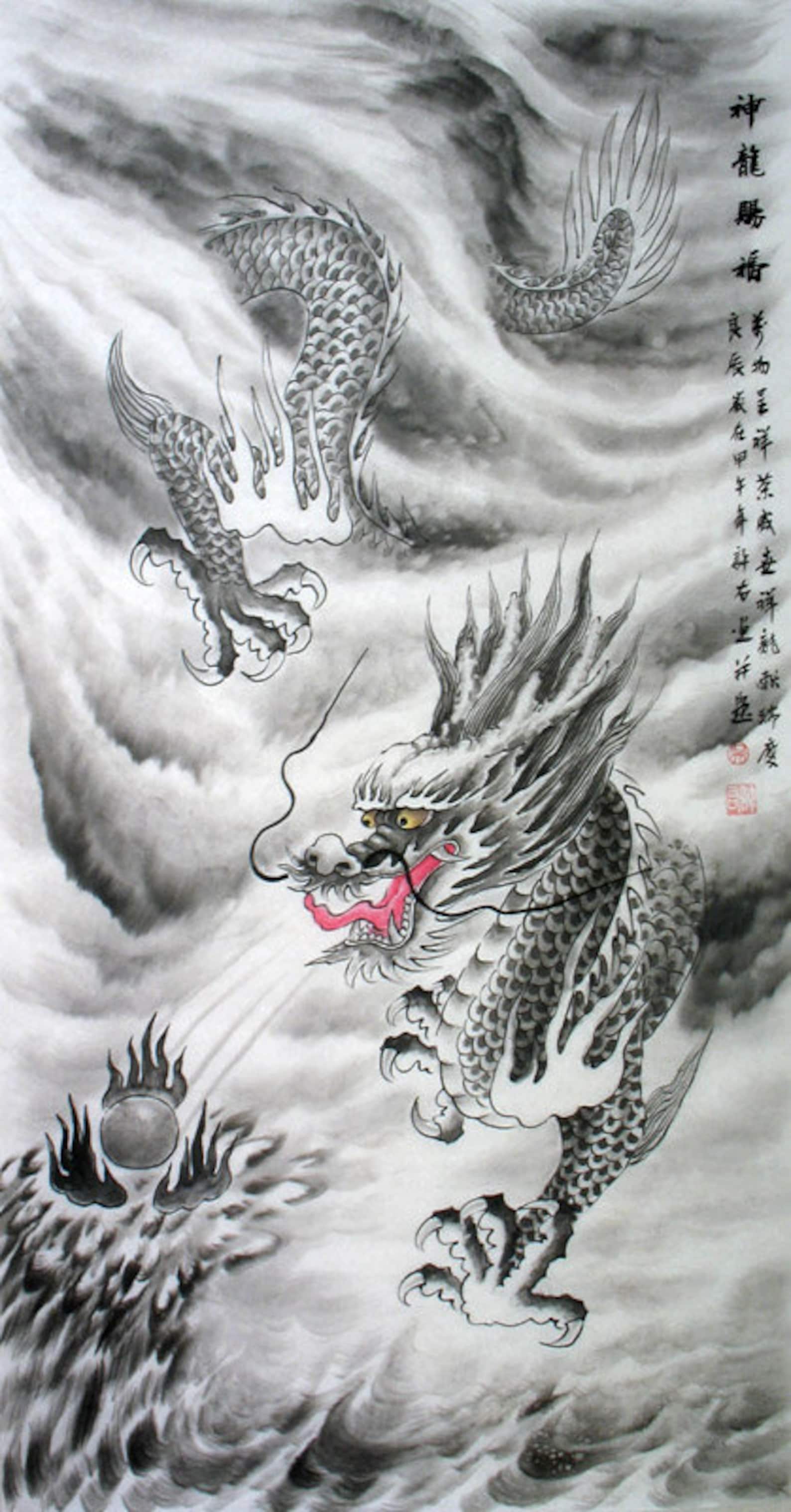 Black and White Ink Wash Chinese Dragon, Hand-painted, Original Real ...