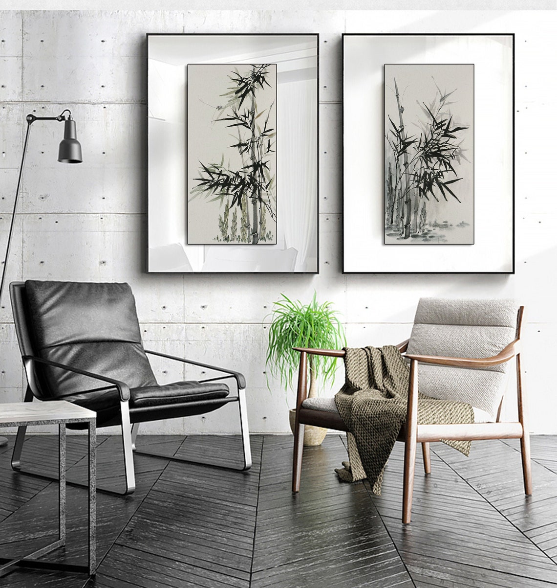 Hand-Painted bamboo brush painting set of 2 original sumi | Etsy