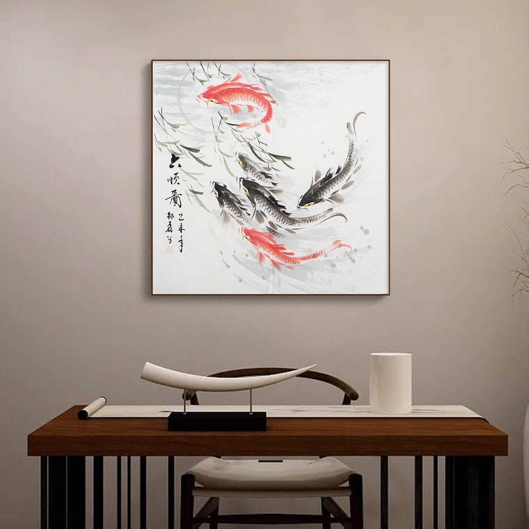 Hand-painted Chinese Ink Wash Six Koi Fish Art, Ink and Watercolor Koi ...