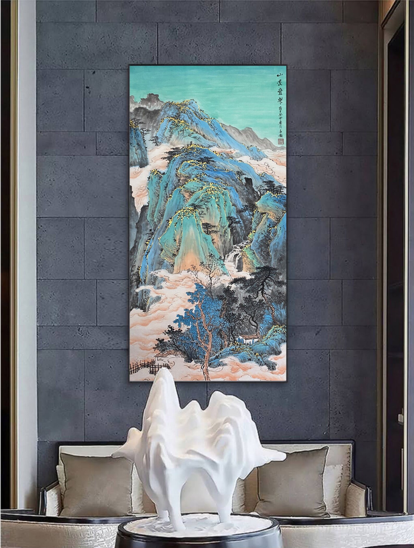 Blue Green Shan Shui Painting, With Golden Outline, Chinese Landscape ...