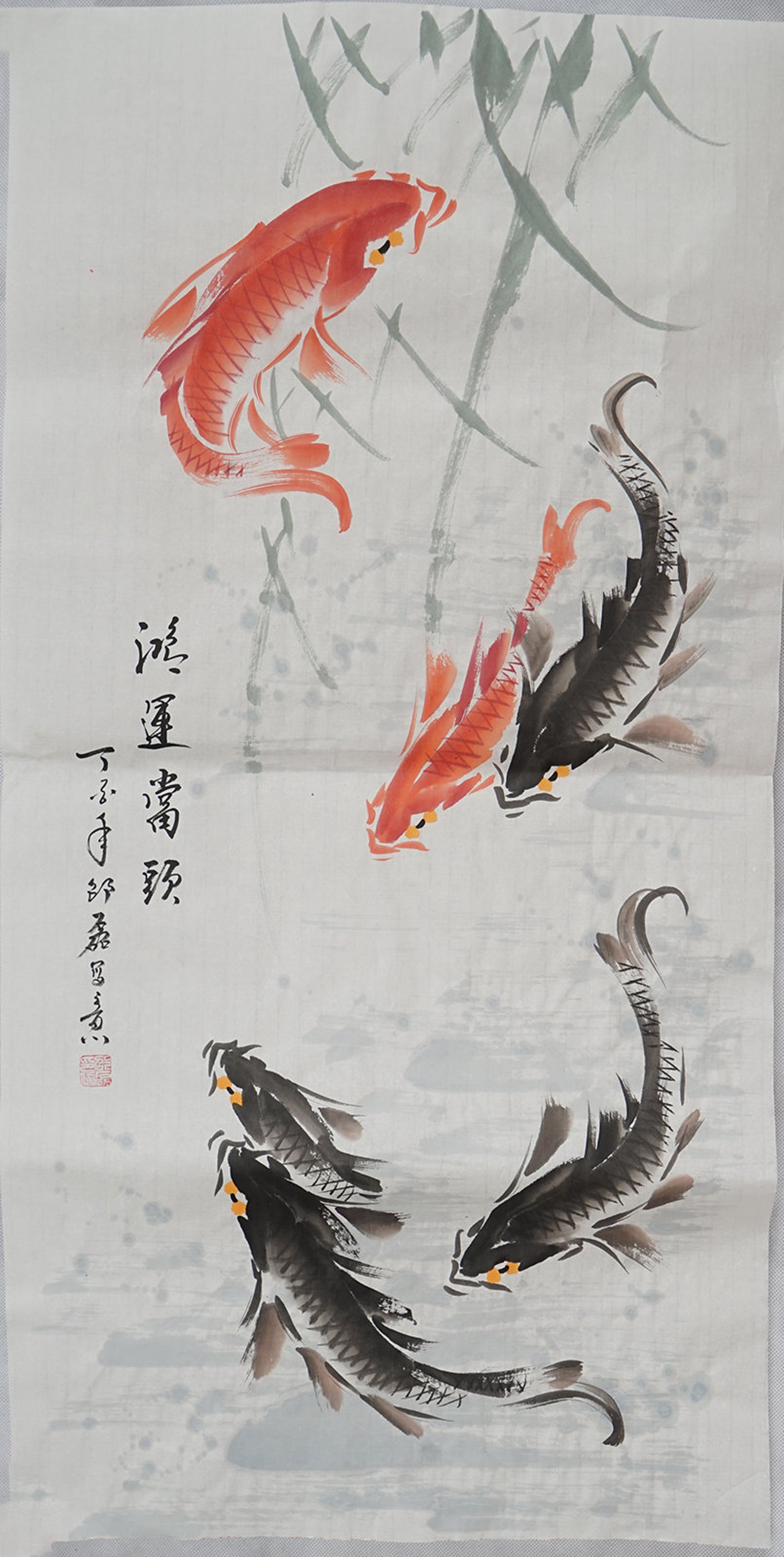 100% Hand-painted Chinese watercolor koi fish art Slender | Etsy