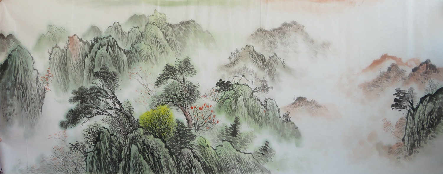 Watercolor Misty forest and waterfall mountain Original Chinese Shan ...