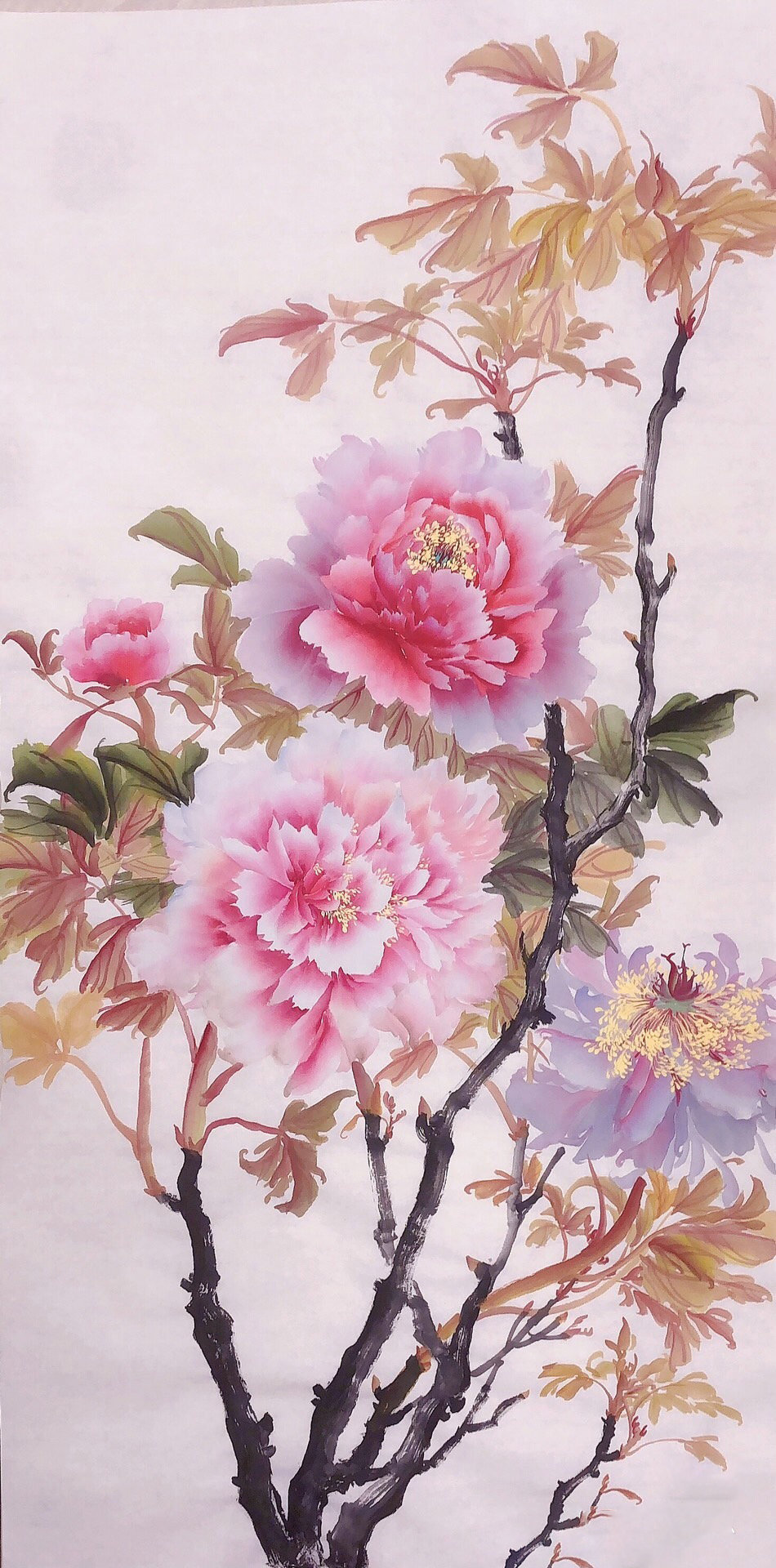 Chinese Peony Brush Painting, Color on Xuan Paper, Large Vertical ...