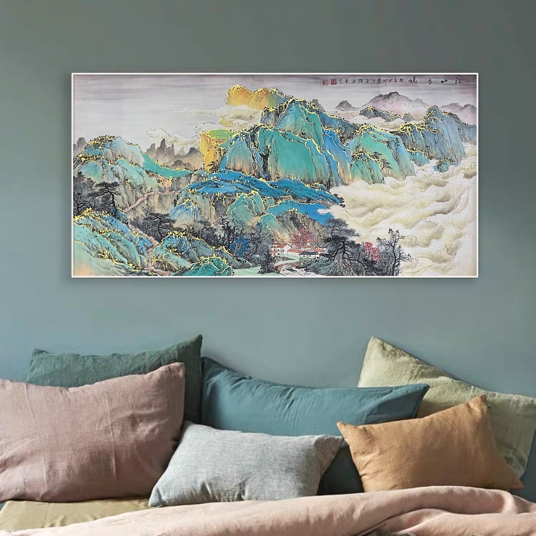 Blue-green Shan Shui Painting, Original Chinese Panting, Rich and ...