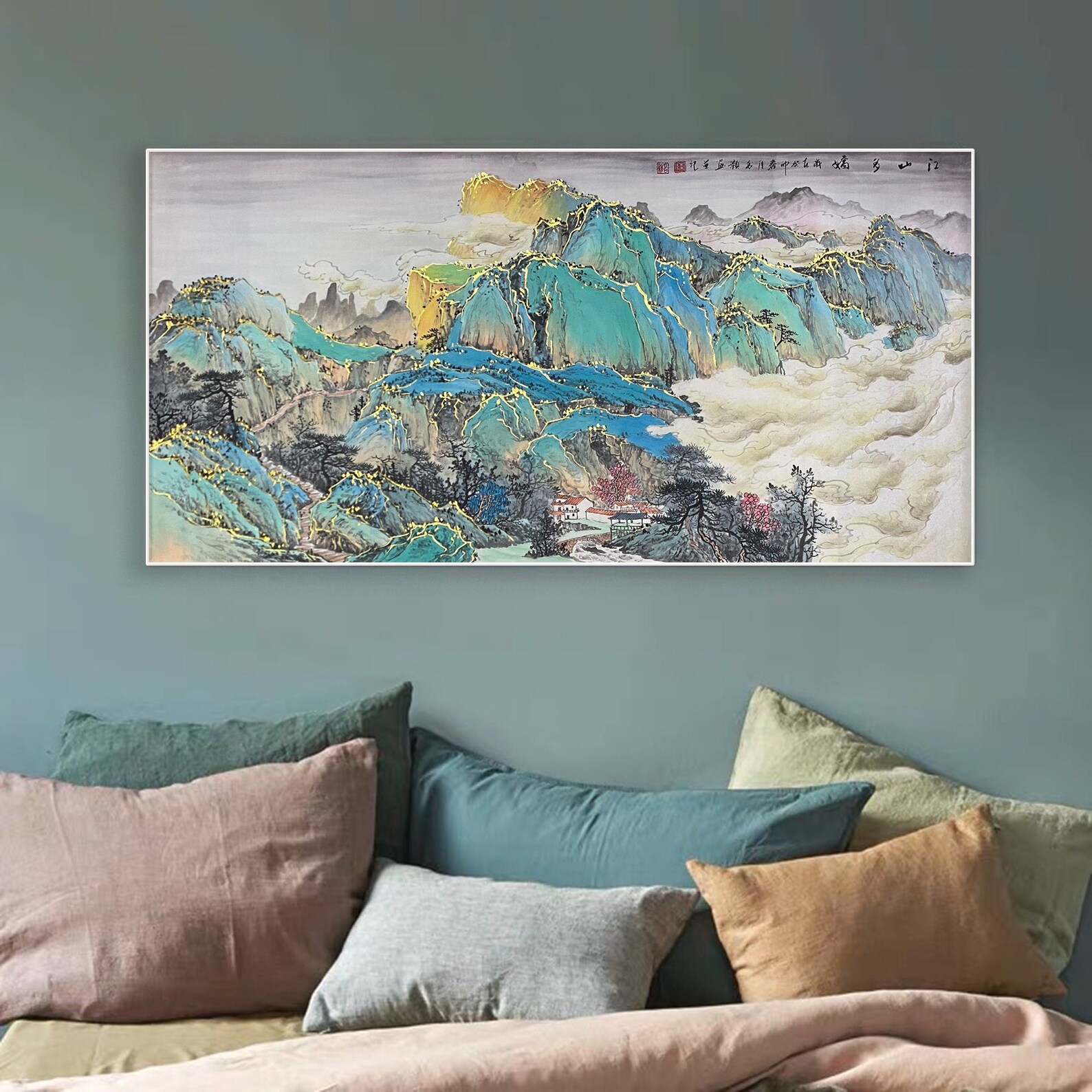 Blue-green Shan Shui Painting, Original Chinese Panting, Rich and ...