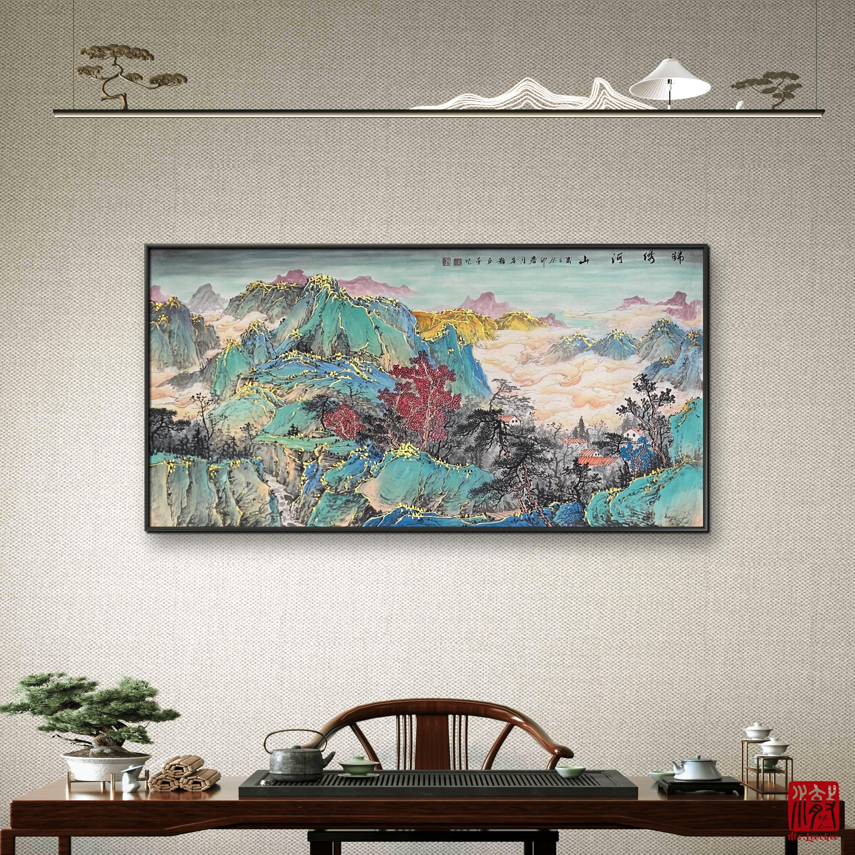 Blue-green Shan Shui Painting With Gold Outline, Original Chinese ...