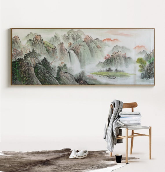 Watercolor Misty forest and waterfall mountain Original Chinese Shan ...