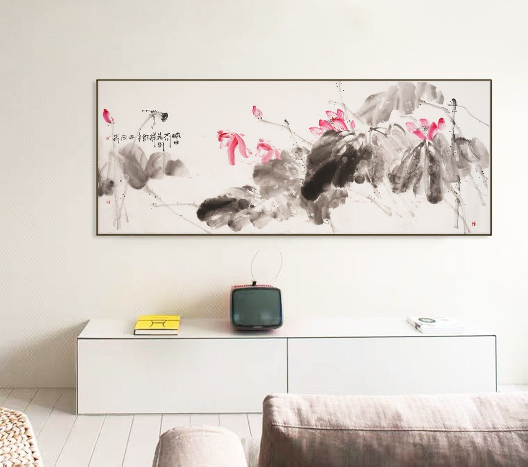 Bright Black and White, Chinese Xieyi Lotus Painting, Large Horizontal ...