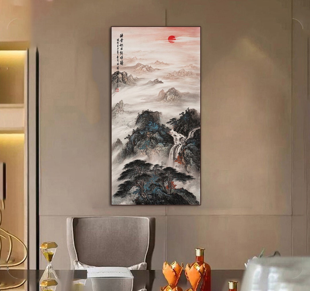 Hand Painted Chinese Mount- Tai Landscape Painting, Original Sunrise ...