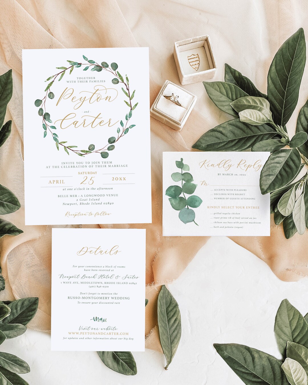 Eucalyptus Greenery Leaves Green Gold Invitation, Reply Card, and ...