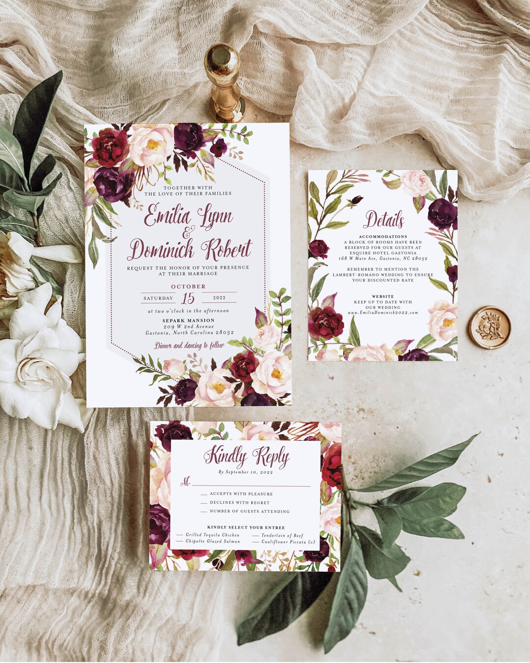 Floral Burgundy Marsala Wedding Invitation, Reply Card, and Details ...