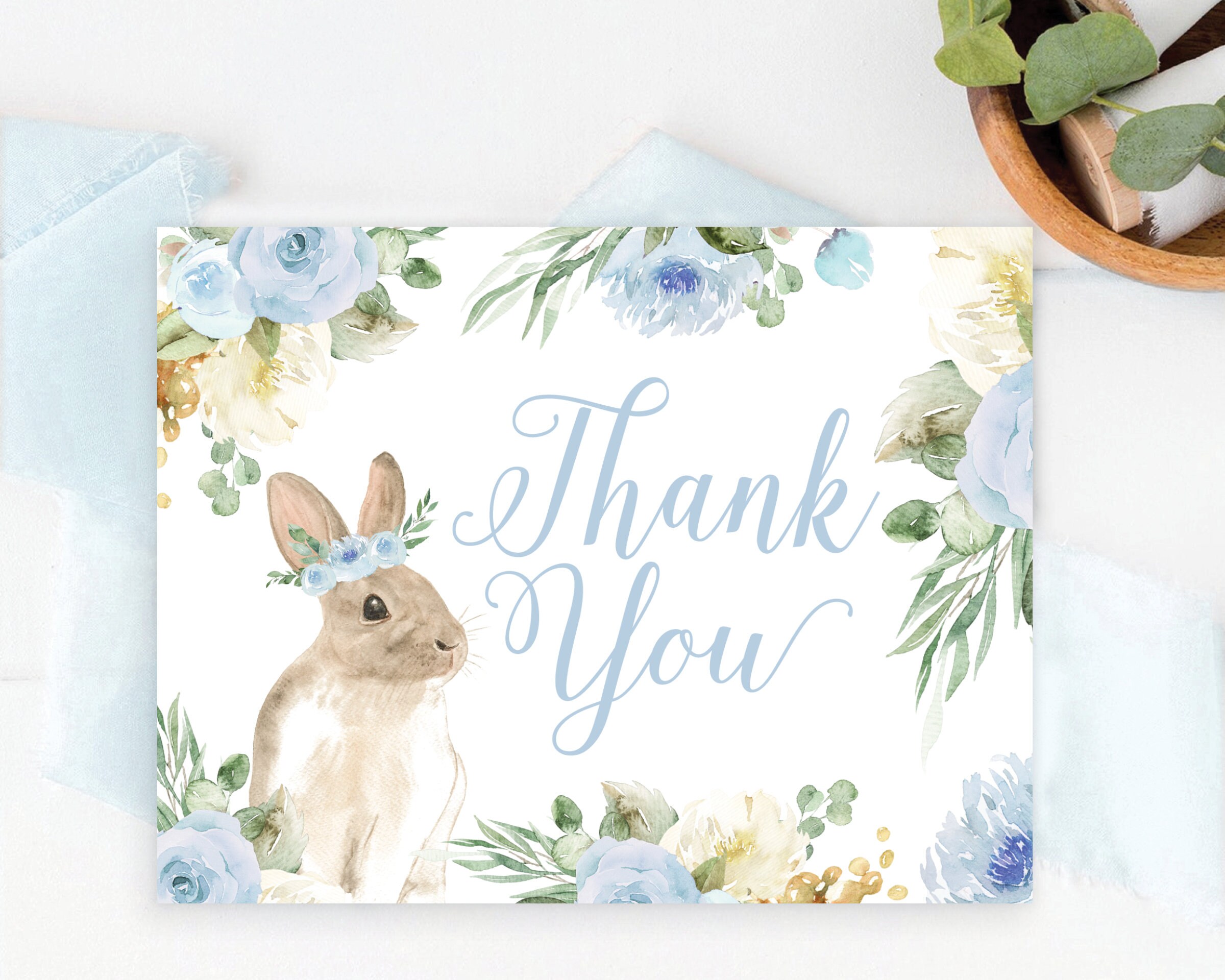 Blue Bunny Rabbit Floral Greenery Flat or Folded Thank You - Etsy