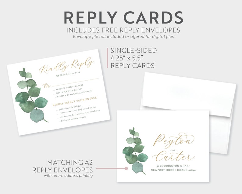 Eucalyptus Greenery Leaves Green Gold Invitation, Reply Card, and ...