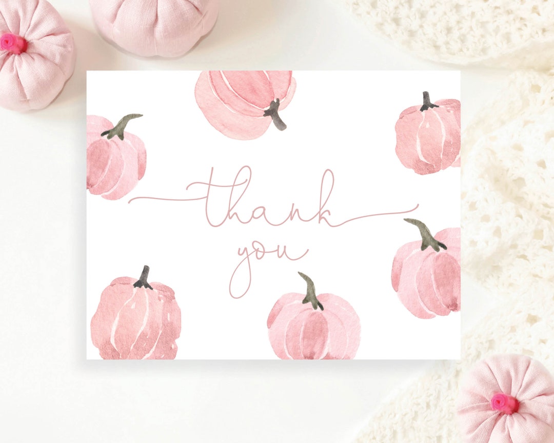 Fall Autumn Aqua Pink Pumpkins Flat or Folded Thank You Cards, Simple ...