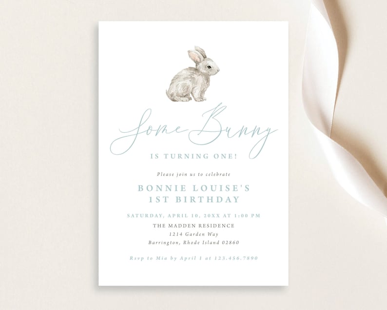 Some Bunny is Turning One Any Age Blue Minimalist Simple Easter Boy or ...