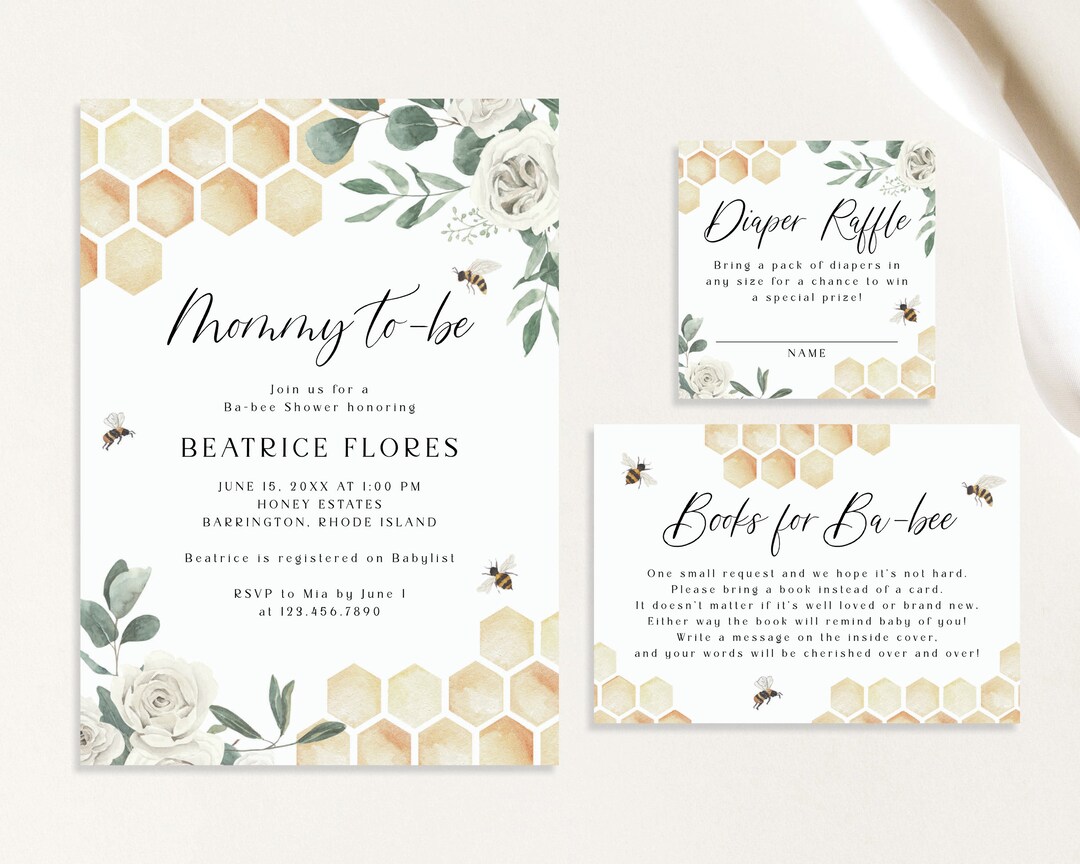 Mommy to Bee Baby Shower Invitation Set Greenery Floral Honeycomb Honey ...