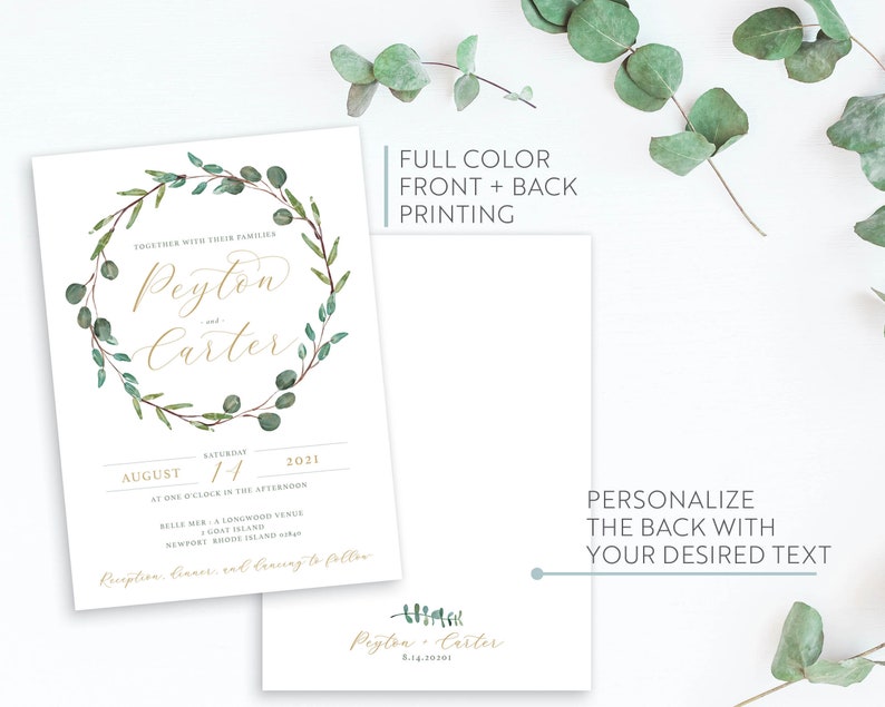 Eucalyptus Greenery Leaves Green Gold Invitation Reply Card | Etsy