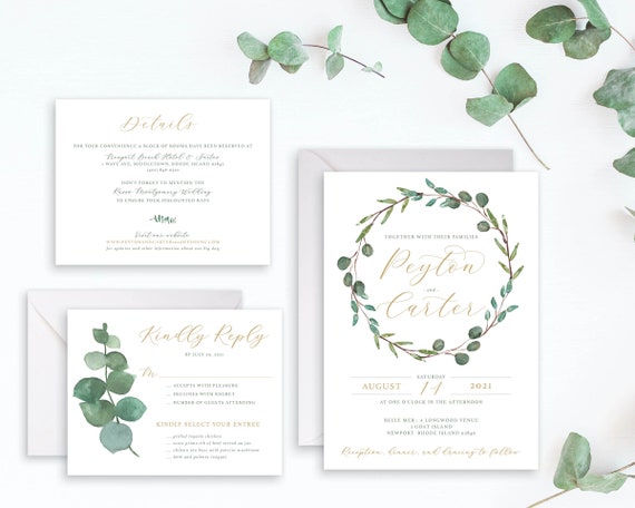 Eucalyptus Greenery Leaves Green Gold Invitation Reply Card | Etsy
