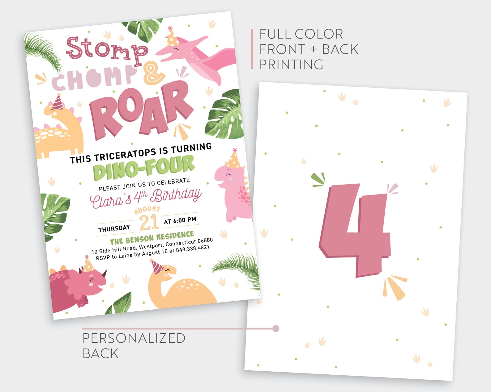 Stomp Chomp Roar DINO FOUR 4th 4 Birthday Pink Green Girl Kid | Etsy