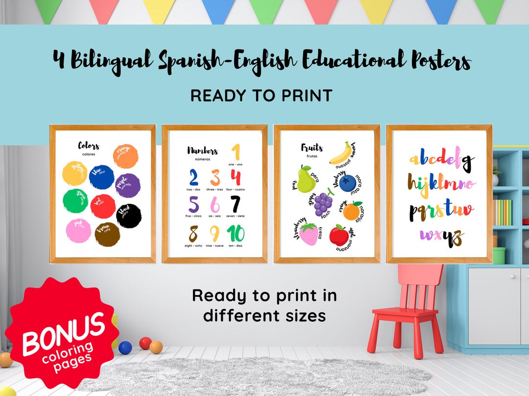 4 Bilingual Spanish Educational Posters for Kids, Colorful Learning ...