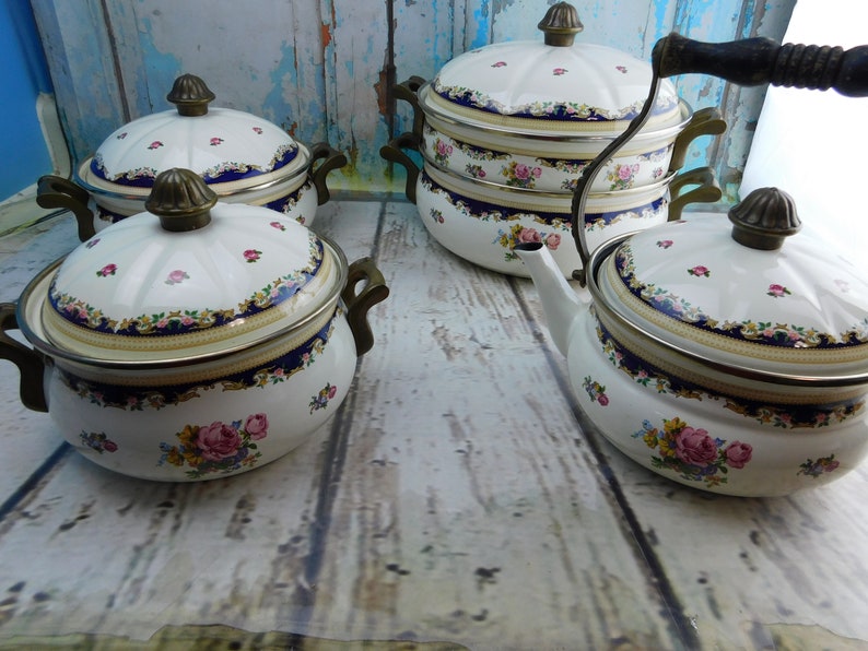 Fissler ASTA Rose Enamelware West Germany Cookware Set W/ Brass Handles ...