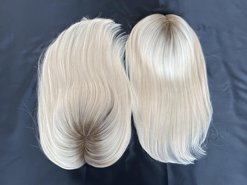 12" Rooted White Blonde Hair Toppers 7x8" Silk Top Wefted Base Multi ...