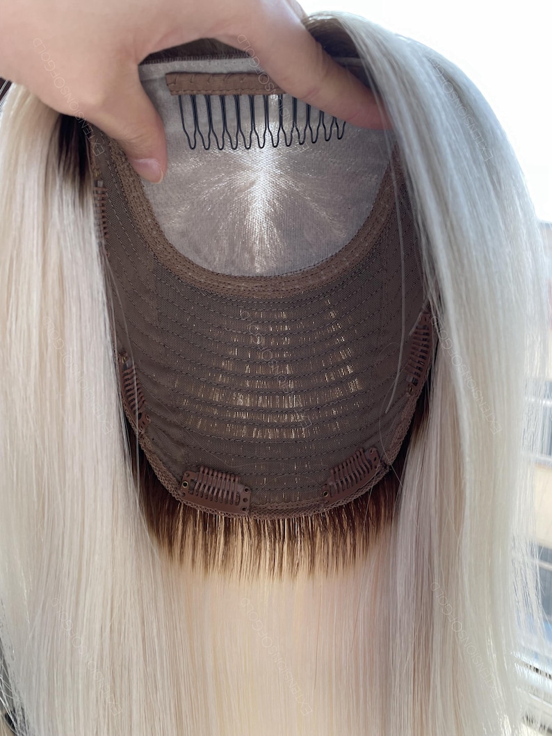 12" Rooted White Blonde Hair Toppers 7x8" Silk Top Wefted Base Multi ...