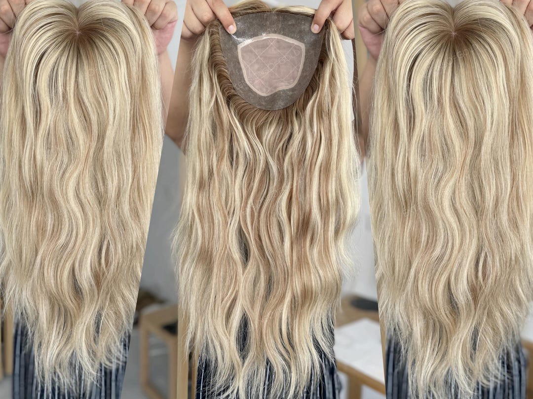 Clipless Hair Topper 7x7" Silk Base Multi-directional Parting 18" Light ...