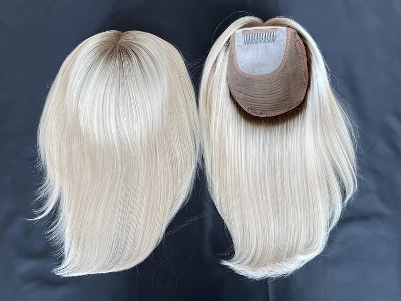 12" Rooted White Blonde Hair Toppers 7x8" Silk Top Wefted Base Multi ...