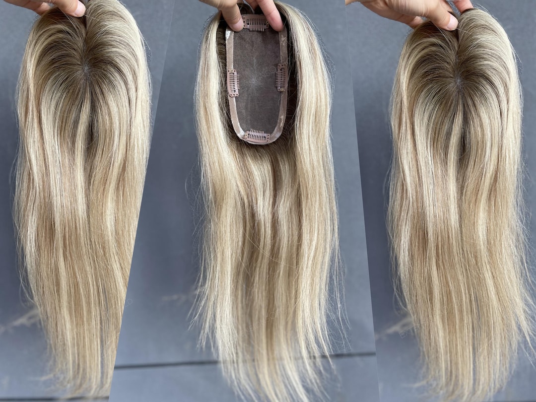 3x6" Mono Base Hair Topper Free Parting 16" Rooted Light Blonde ...