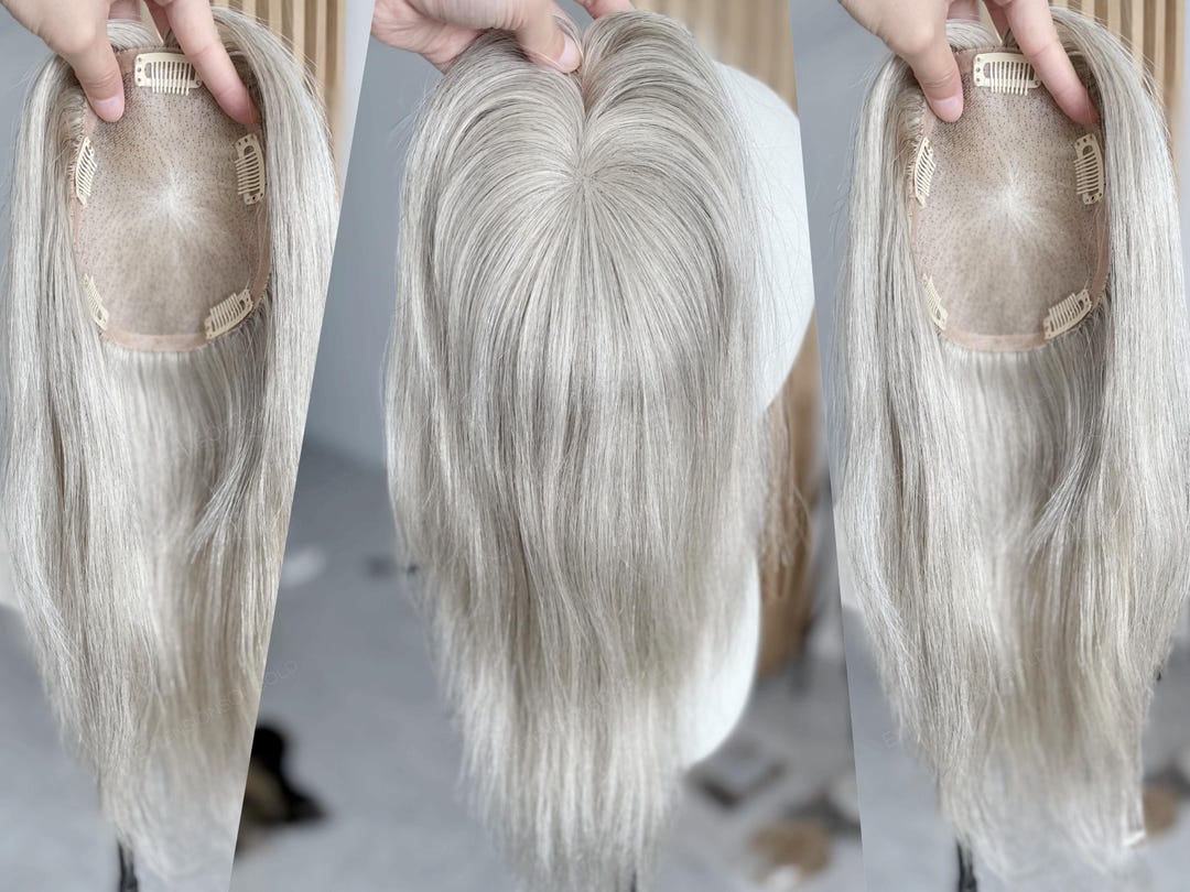 12" Gray Hair Topper 3-6x6" Mono Base Crown Toppers Free Parting Light ...