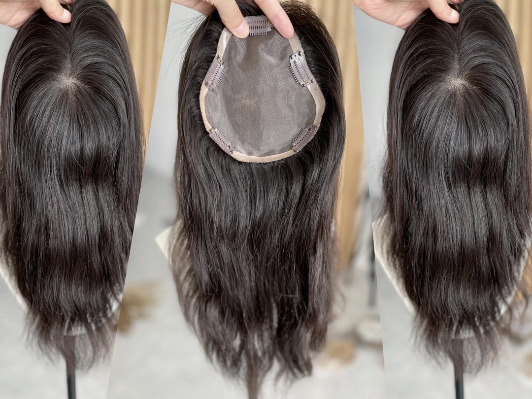 12" Natural Black Hair Topper 3-6x6" Mono Base Free Parting Light ...