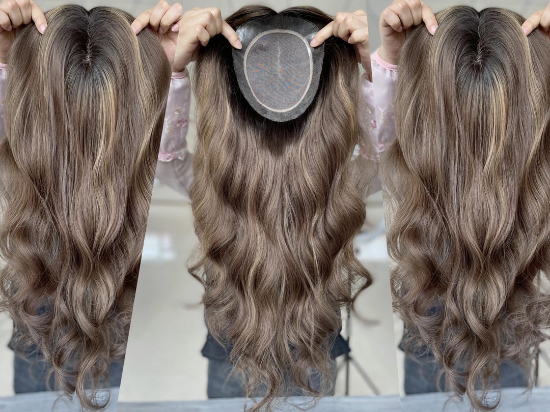 Clipless Hair Topper 6x7" Fine Mono Base Topper 22" Medium Brown ...