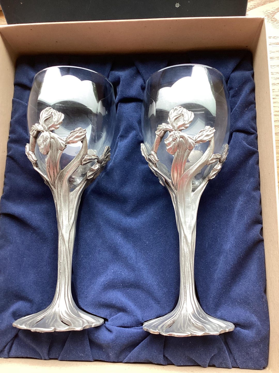 Seagull Canada Pewter on Blown Glass Floral Wineglasses-1994 Etain Zinn ...