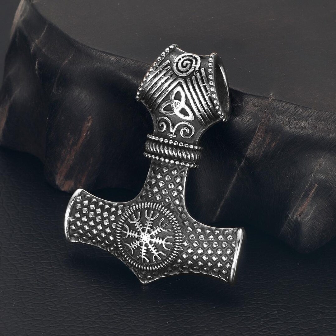 Viking Mjolnir Stainless Steel Pendant Thor's Hammer With Helm of Awe ...