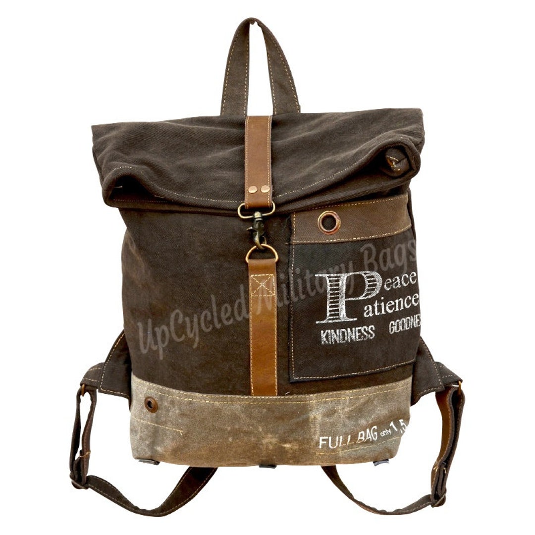 Repurposed Military Tent Canvas Backpack: Roll Top Peace and Patience ...