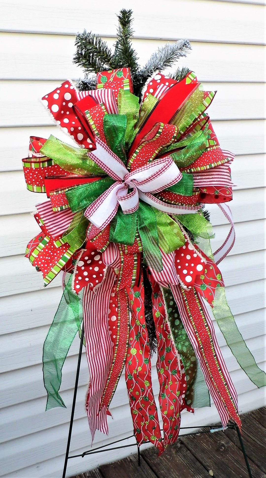 Christmas Tree Topper Bow, Red Green Big Bow, Garland Bow, Holiday ...