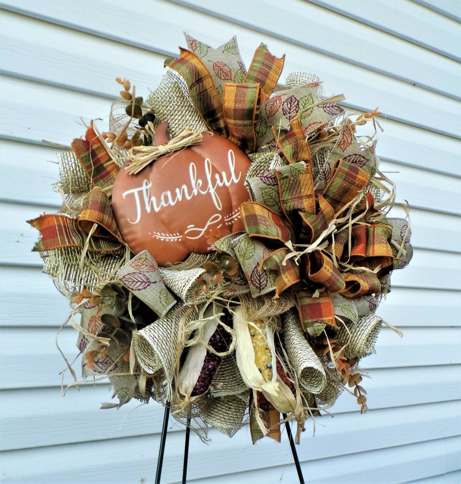 Fall Thanksgiving "thankful" Autumn Pumpkin Wreath, Kitchen Home Wreath ...