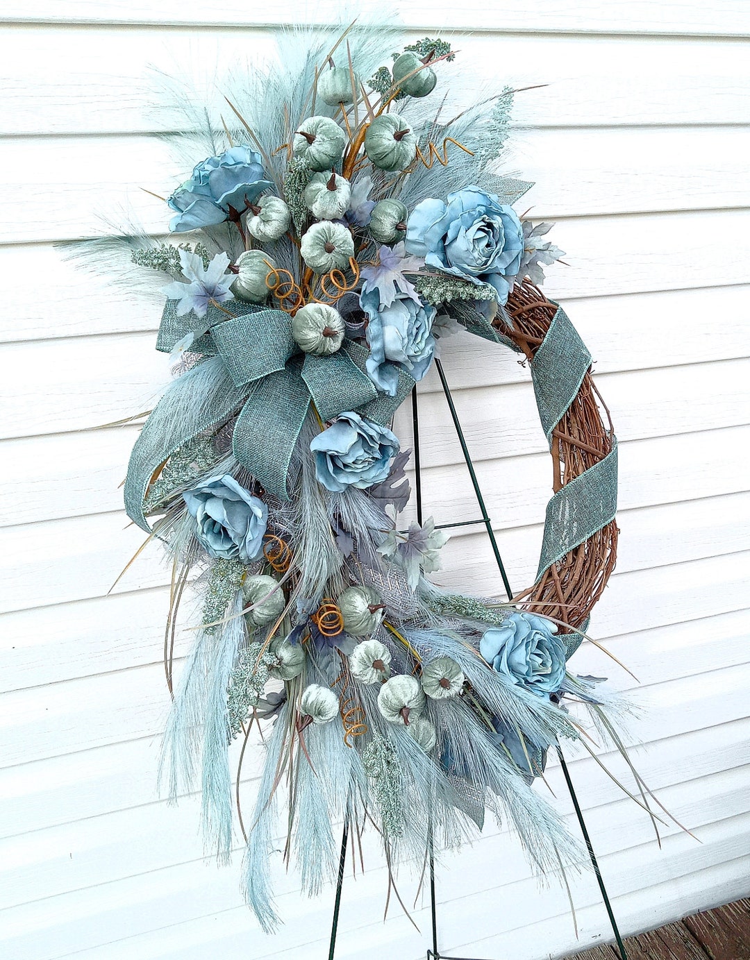 Pumpkin Wreath, Smoke Blue Monochrome Autumn Fall Wreath, Fall Wreath ...